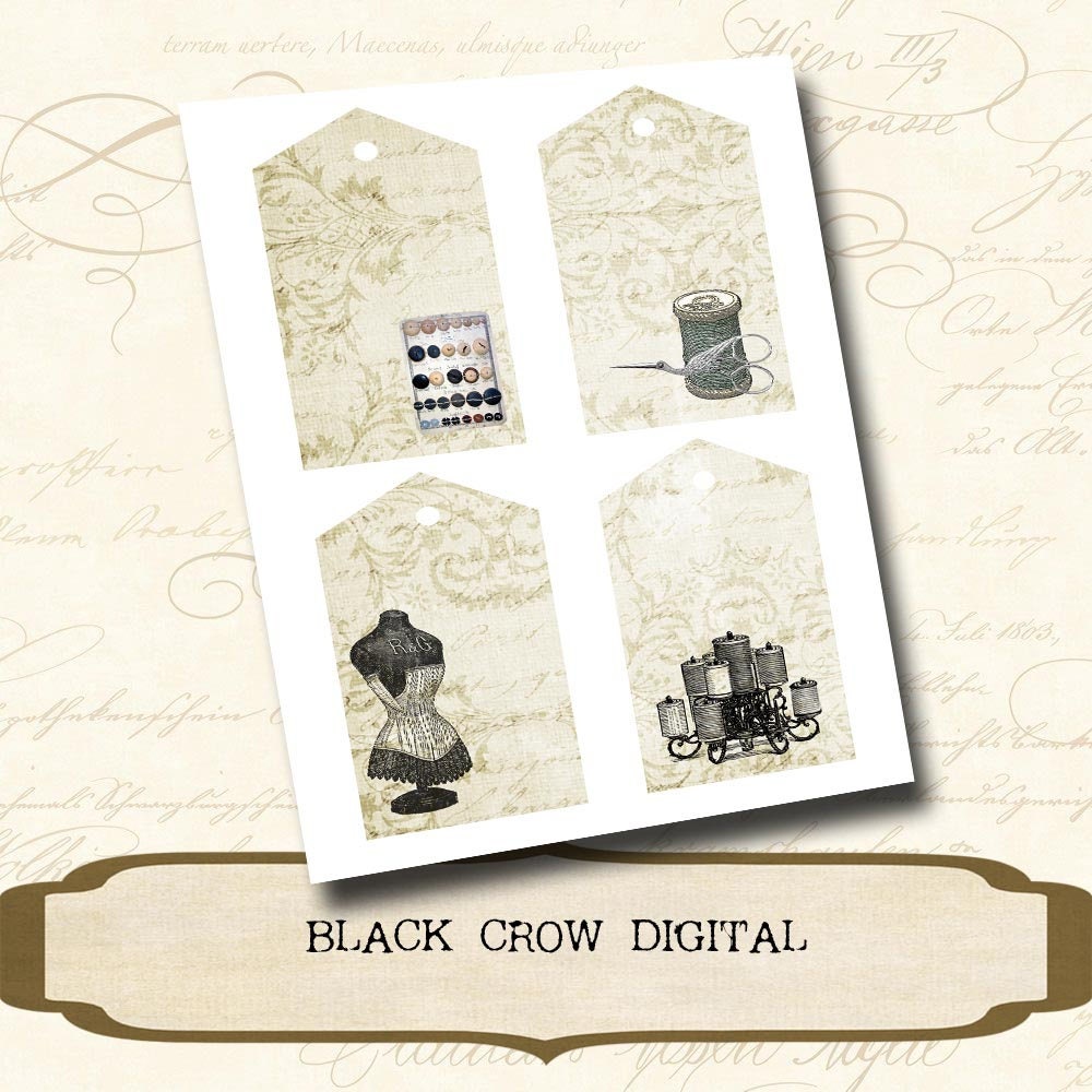 Vintage Sewing Printable Hang Tags, Buttons, Thread, Scissors, Corset ...