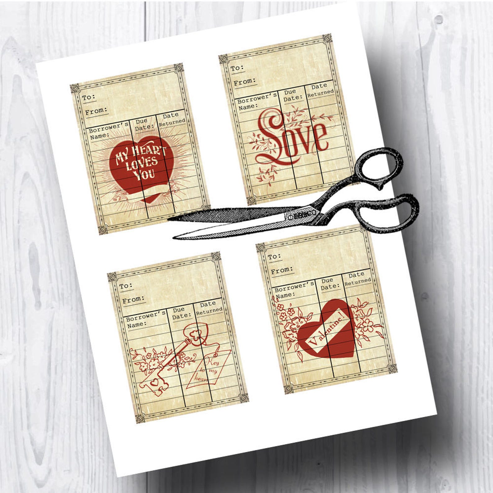 Valentine Library Cards; Vintage Paper Print & Cut; 8 Cards; Vintage ...