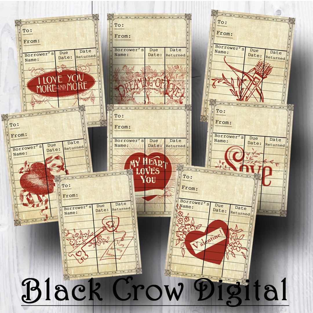 Valentine Library Cards; Vintage Paper Print & Cut; 8 Cards; Vintage ...