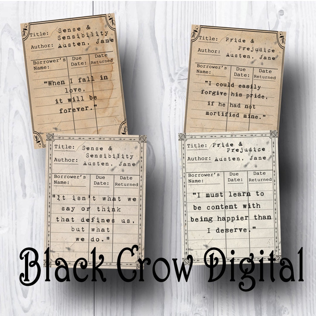 Jane Austen Grungy Library Cards / Pride & Prejudice Quotes / Junk ...