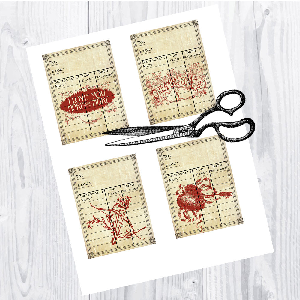 Valentine Library Cards; Vintage Paper Print & Cut; 8 Cards; Vintage ...