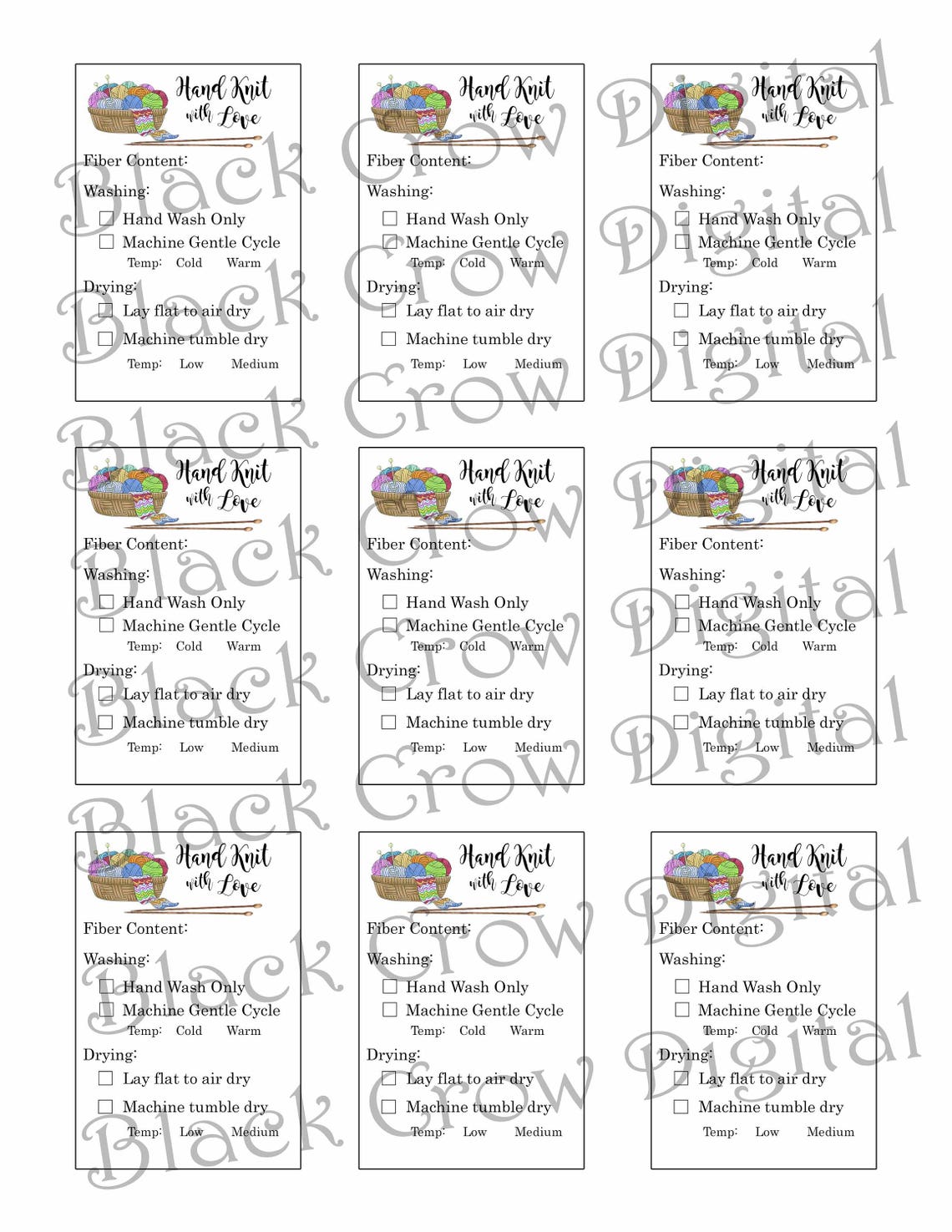 Care Instruction Hand Knit Cards Printable; Hand Knit With Love Tag ...