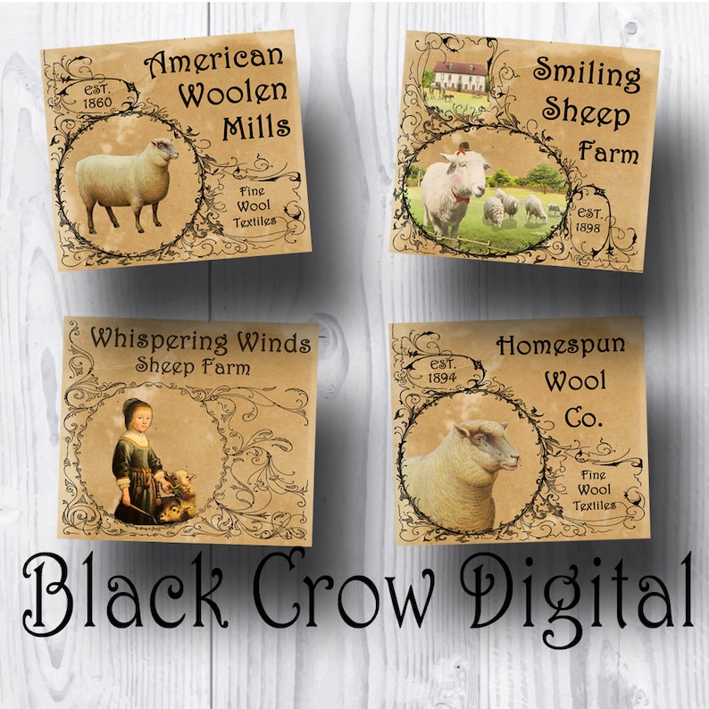 Vintage Grungy Sheep Farm Labels or Cards / Wool Fabric Mill Cards ...