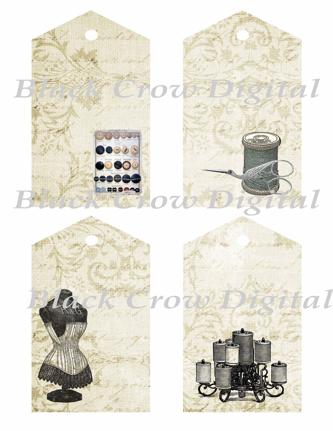 Vintage Sewing Printable Hang Tags, Buttons, Thread, Scissors, Corset ...