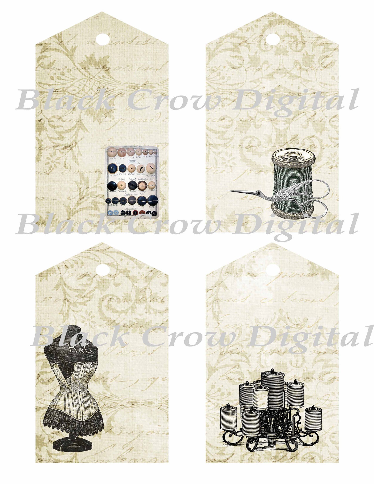 Vintage Sewing Printable Hang Tags, Buttons, Thread, Scissors, Corset ...