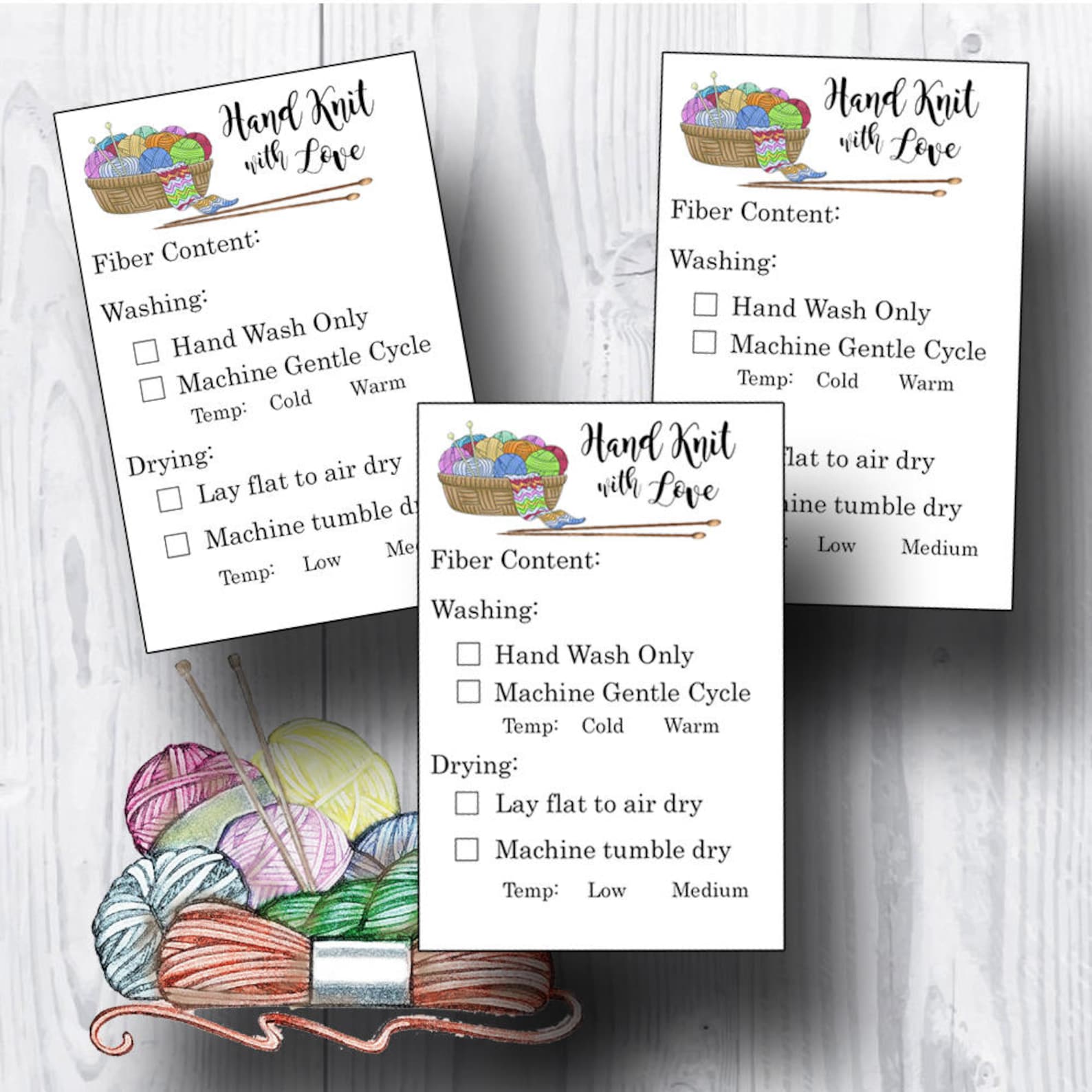 Care Instruction Hand Knit Cards Printable; Hand Knit With Love Tag ...