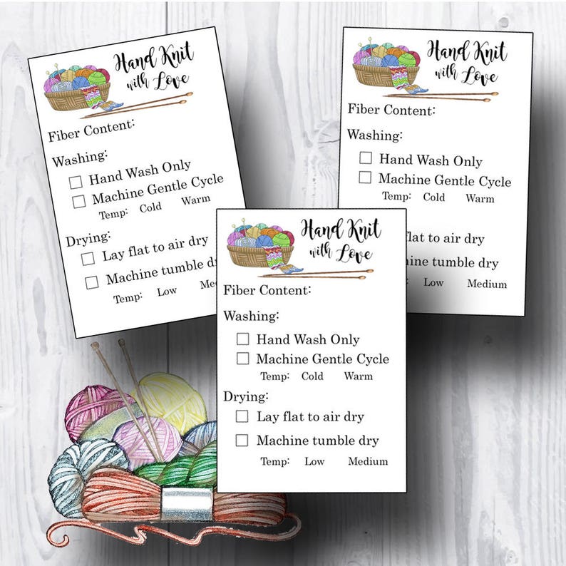 Care Instruction Hand Knit Cards Printable; Hand Knit With Love Tag ...