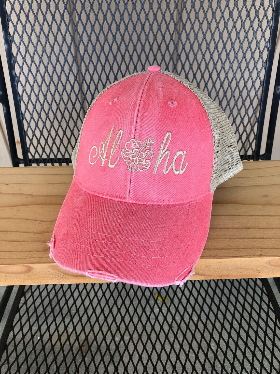 Aloha Hibiscus Hat, Embroidered Trucker Hat, Coral Trucker Snapback Hat ...