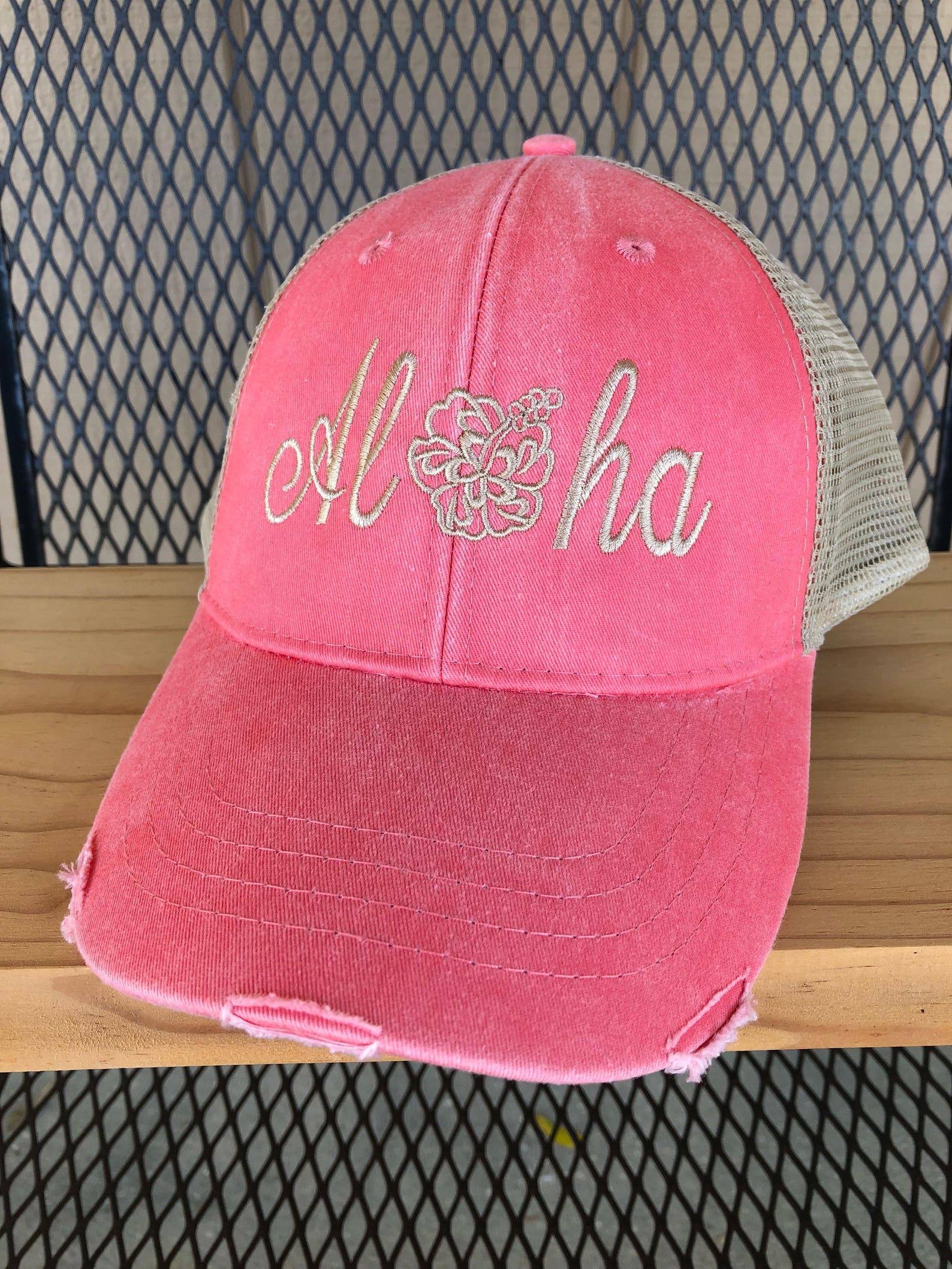 Aloha Hibiscus Hat, Embroidered Trucker Hat, Coral Trucker Snapback Hat ...