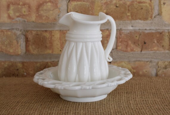 Milk Glass Small Pitcher With Matching Under Plate RARE - Etsy