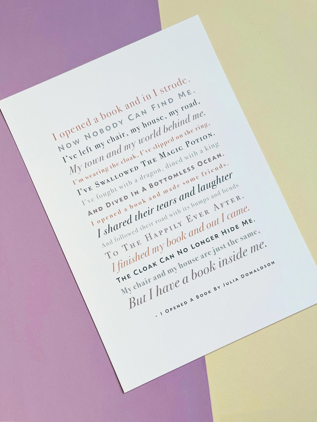 I Opened a Book Poem by Julia Donaldson Poem Print Gift, Book Lover ...