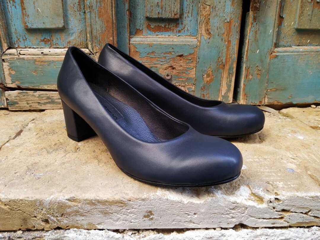 Dark Blue Leather Low Heels, Shoes for Office, Anatomical Hostess Shoes ...