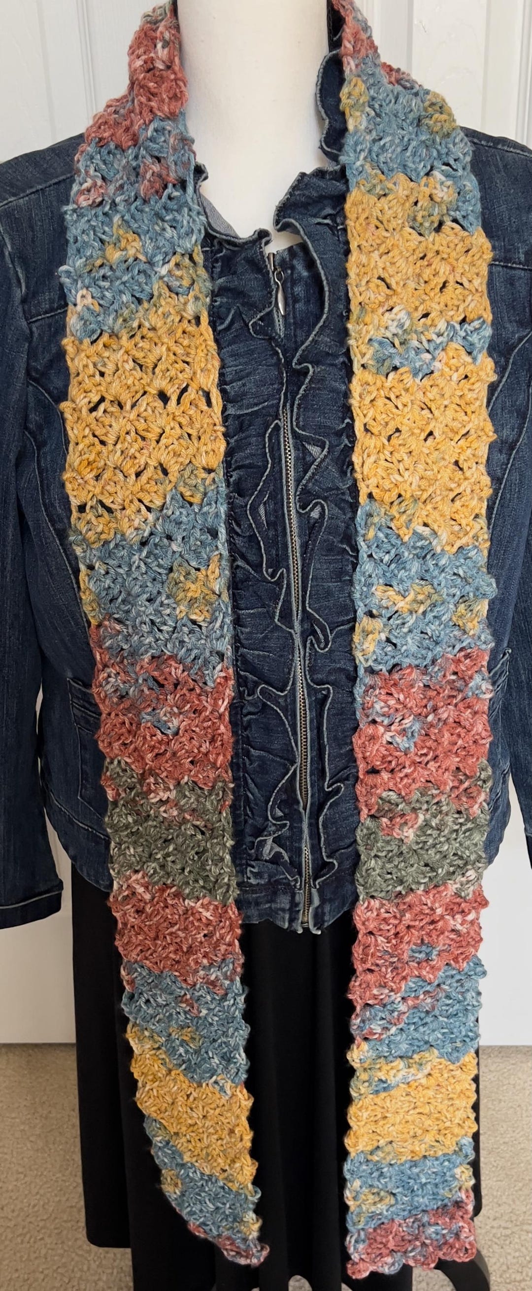 Crochet Multi-colored Extra Long Scarf, Blues, Golds, Amber - Etsy