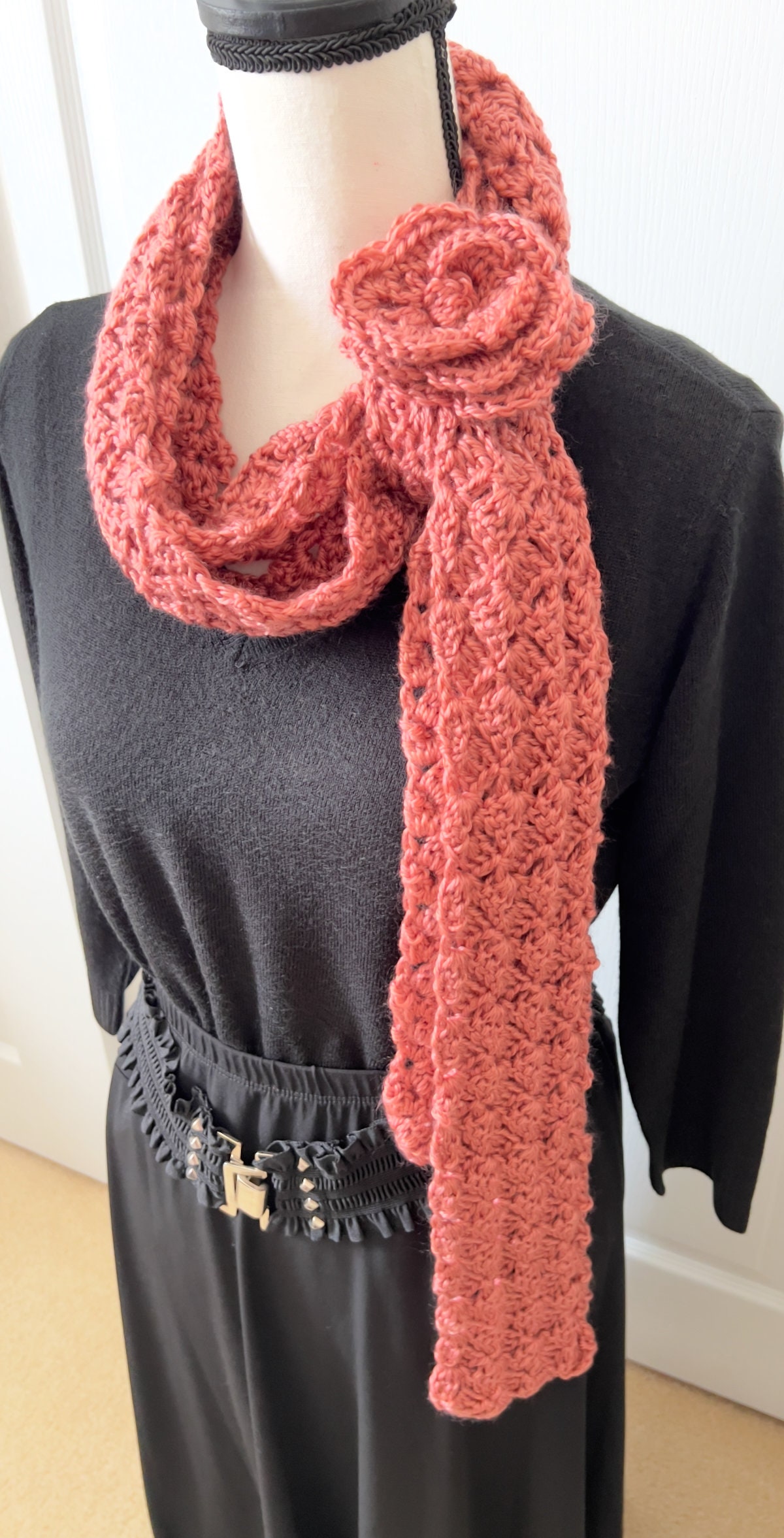 Crochet Skinny Scarf: Rose Color, Detachable Flower, Extra Long - Etsy