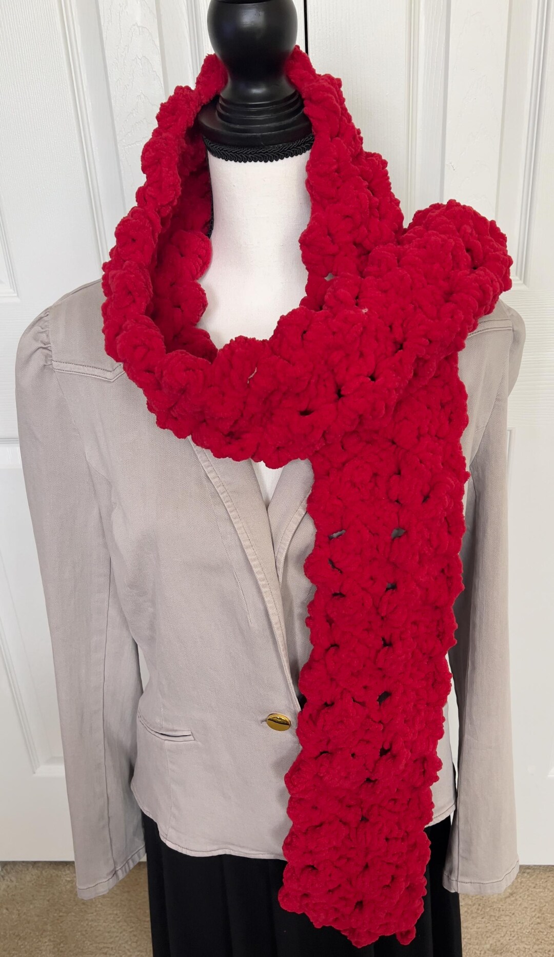 Chunky Chenille Long Red Crochet Scarf - Etsy