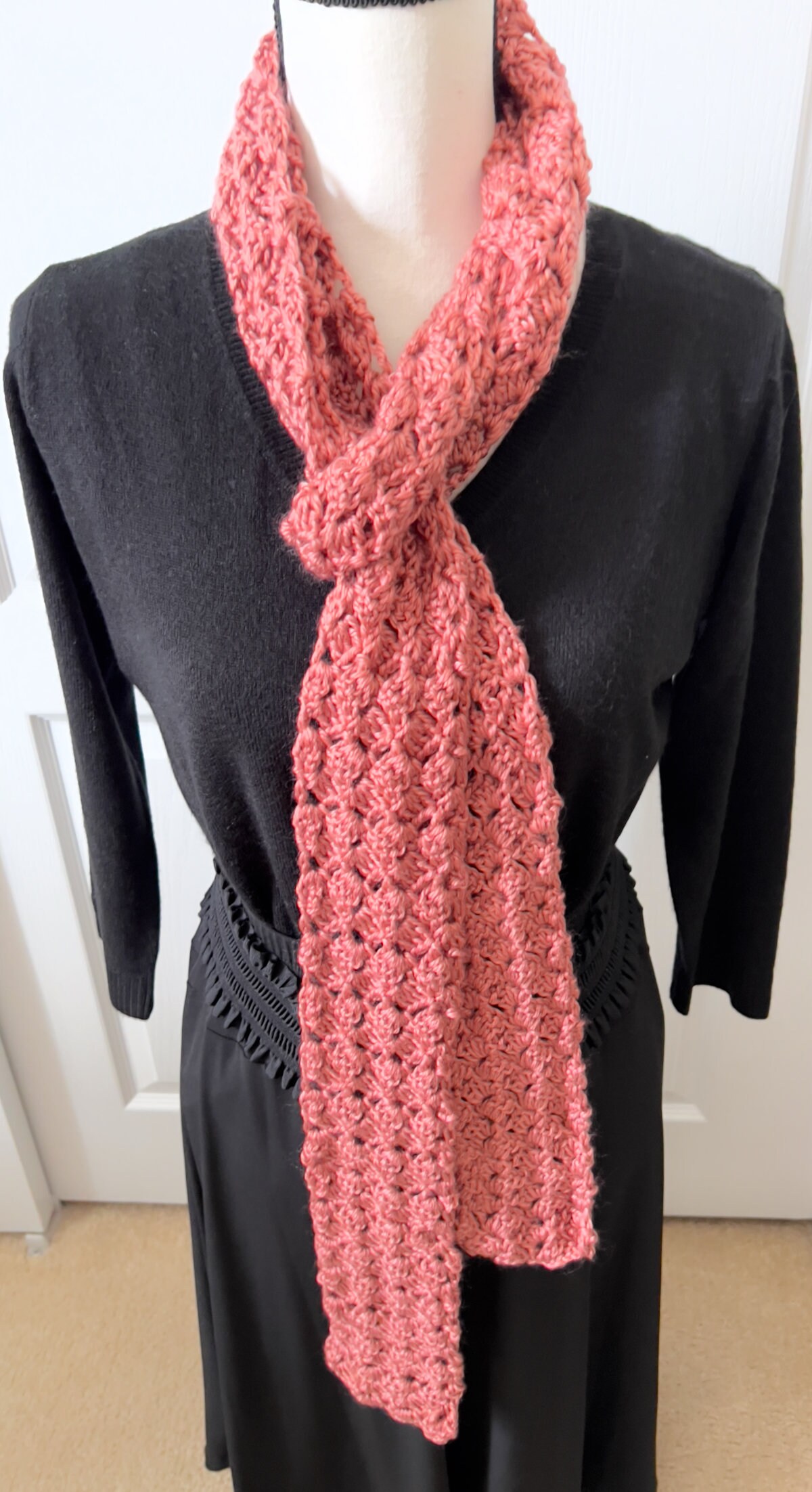 Crochet Skinny Scarf: Rose Color, Detachable Flower, Extra Long - Etsy