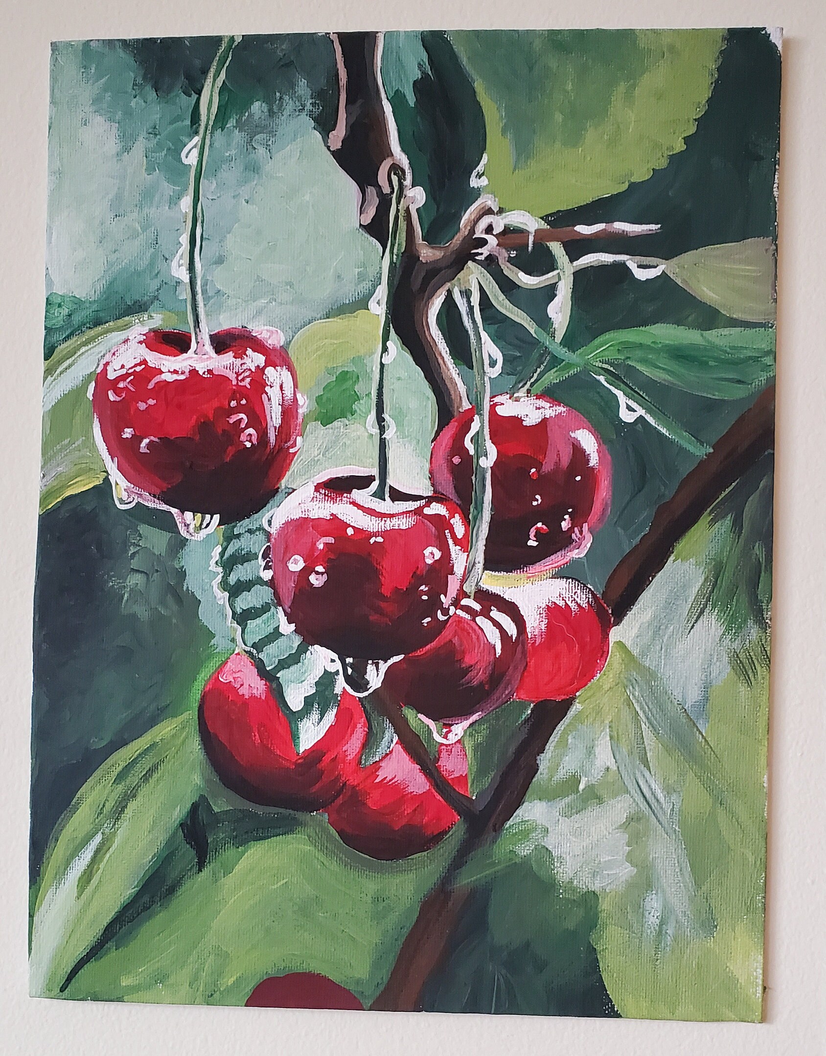 Red Cherries Acrylic Painting Wall Art Water Droplets - Etsy Hong Kong