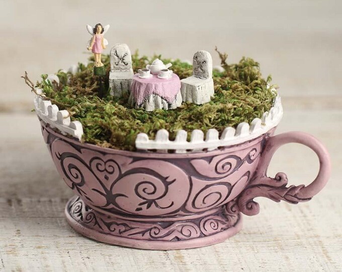 Miniature Garden 5 Piece Pink Tea Cup Planter, Height 2.75 Inches X ...