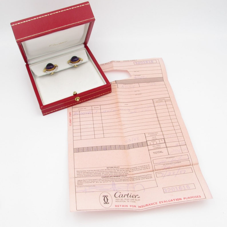 CARTIER 18K Yellow Gold Pave Diamond Amethyst Earrings W/ Original Box ...