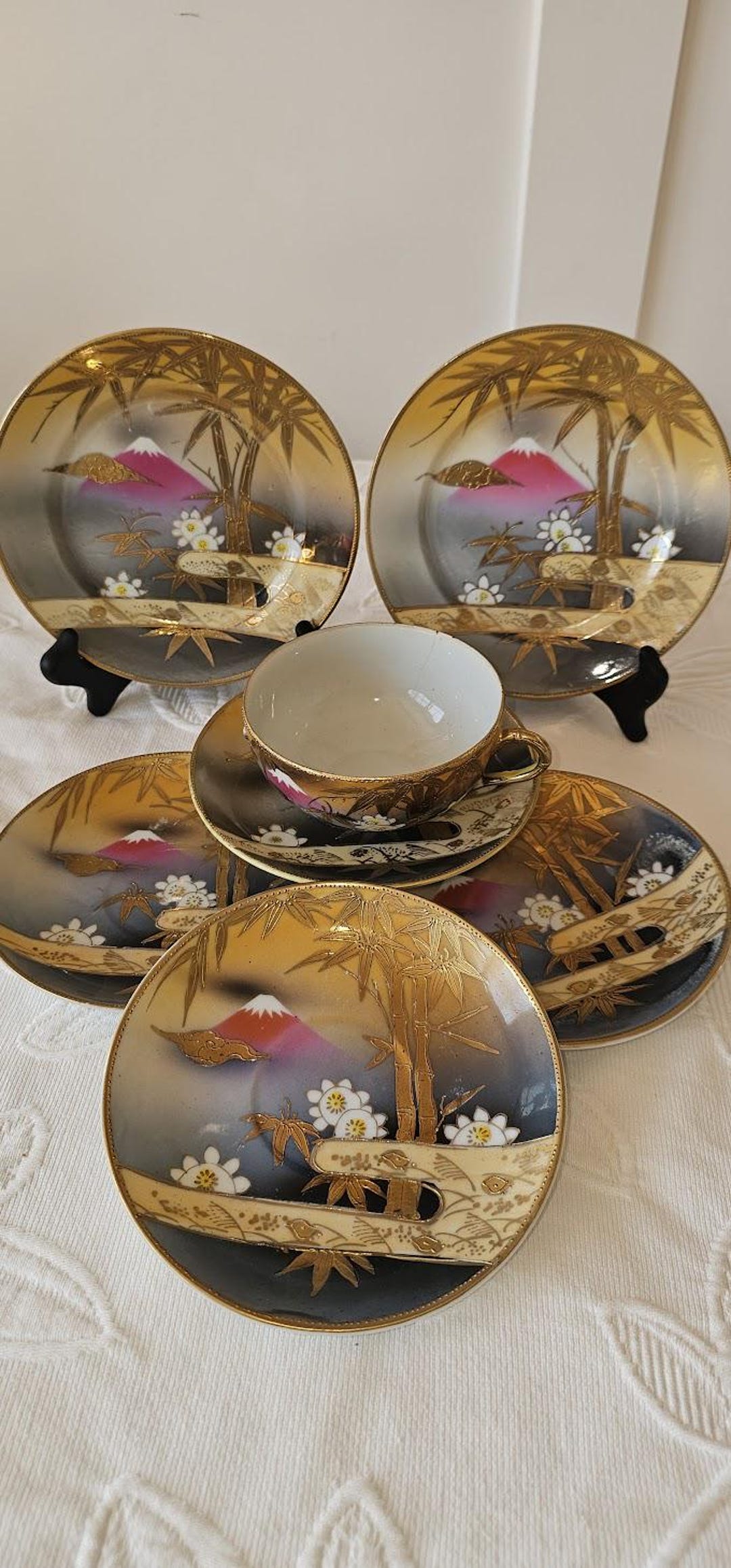 Vintage Japanese Tea Set – Mt. Fuji Bamboo Pattern, Gold Gilt Moriage ...