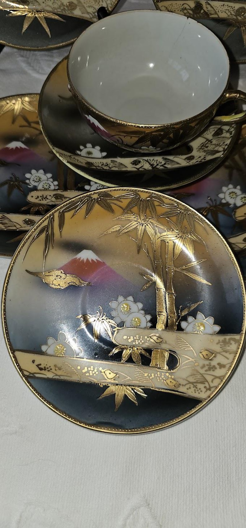 Vintage Japanese Tea Set – Mt. Fuji Bamboo Pattern, Gold Gilt Moriage ...