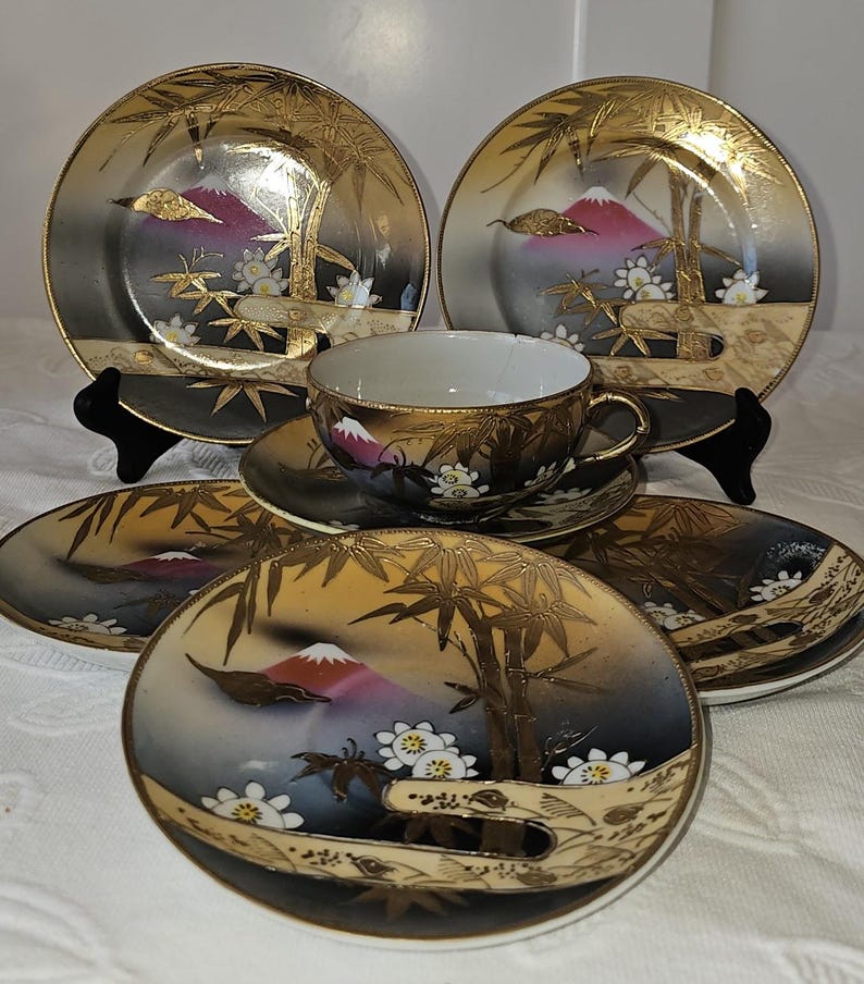 Vintage Japanese Tea Set – Mt. Fuji Bamboo Pattern, Gold Gilt Moriage ...
