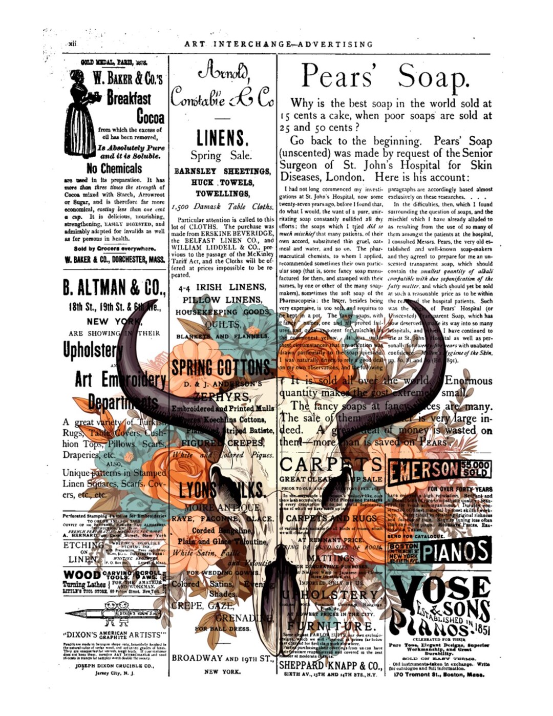 Cow Skull and Floral Wall Art | Set of 4 Different Pictures | Print on ...