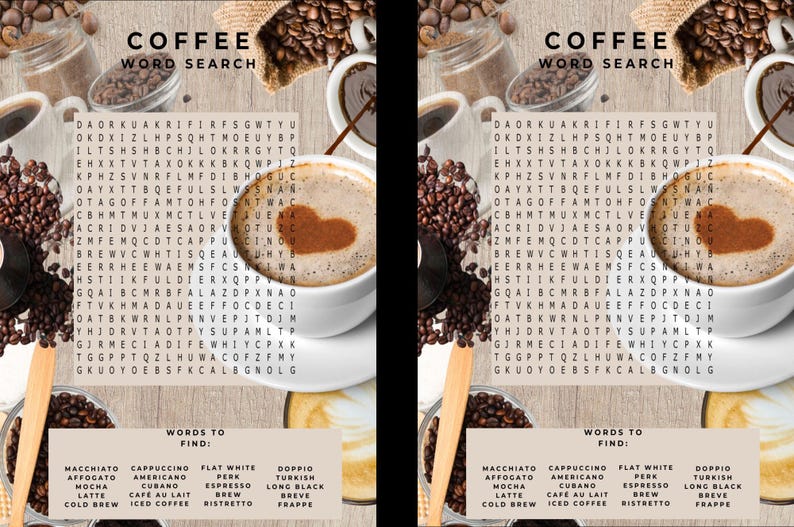 Coffee Word Search Puzzle: Espresso, Latte, Mocha (immediate Download ...