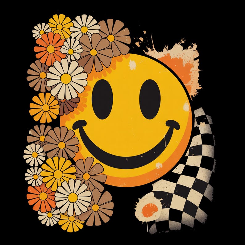 Retro Smiley Face Sublimation Design: Daisy & Checkered Print (digital ...