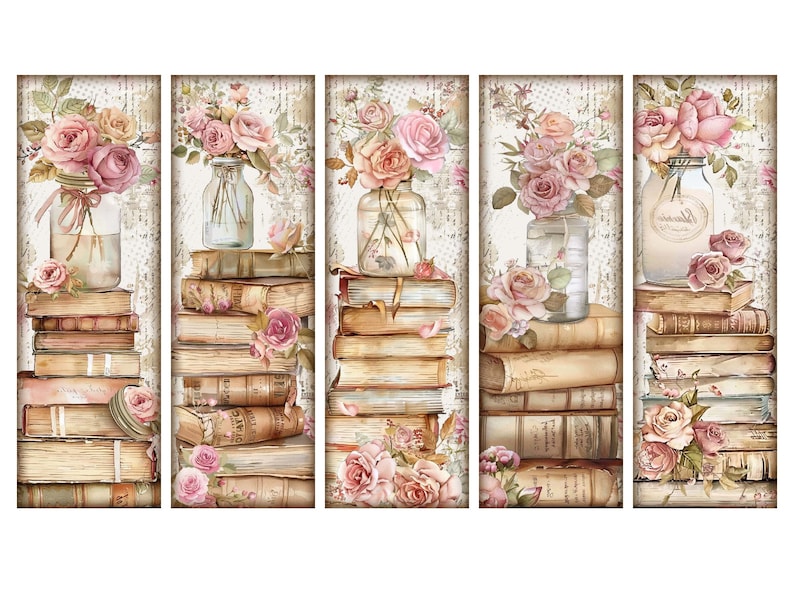 Cottage Chic Book Stack Bookmarks: Pink Flower Vintage Sublimation ...