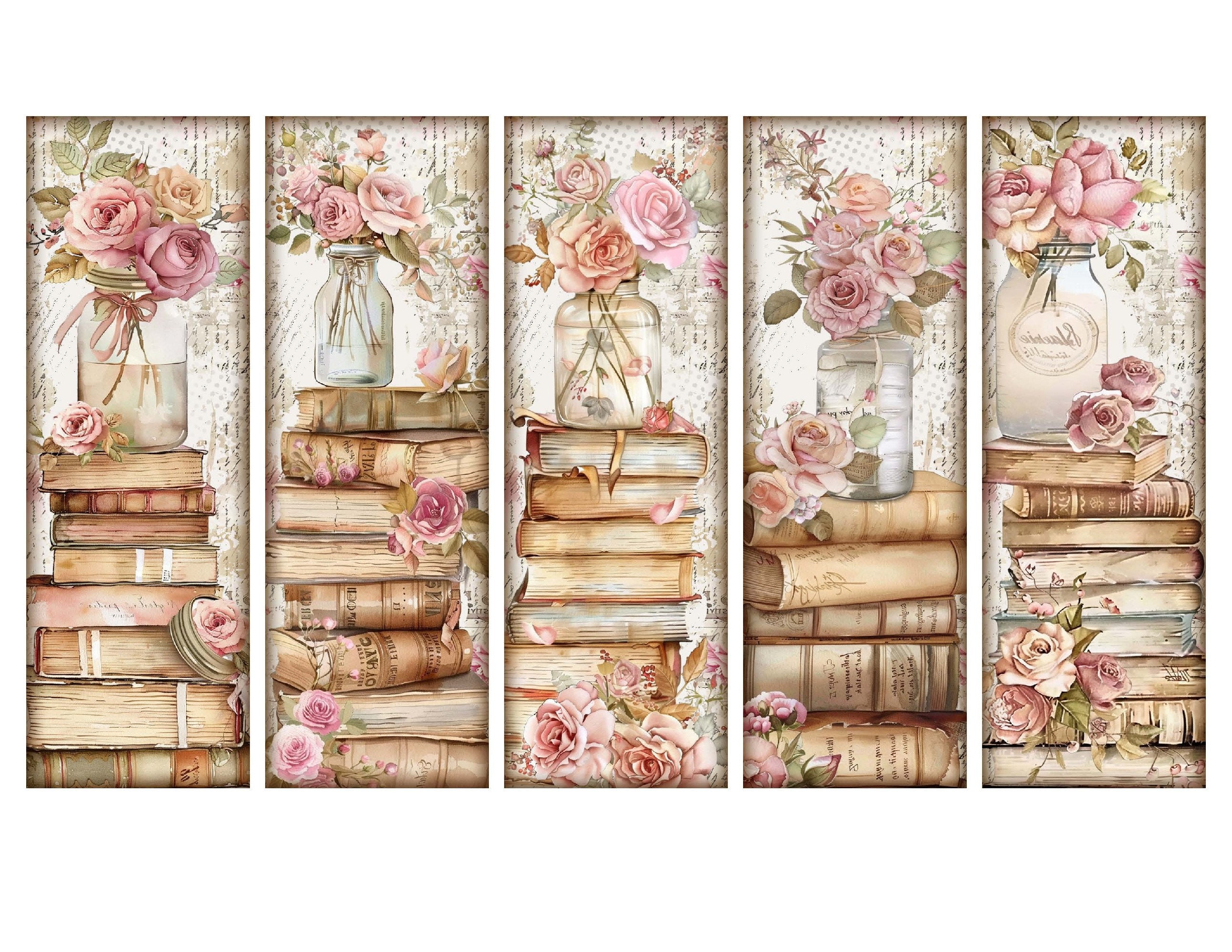 Cottage Chic Book Stack Bookmarks | Pink Flower and Books Vintage Book ...