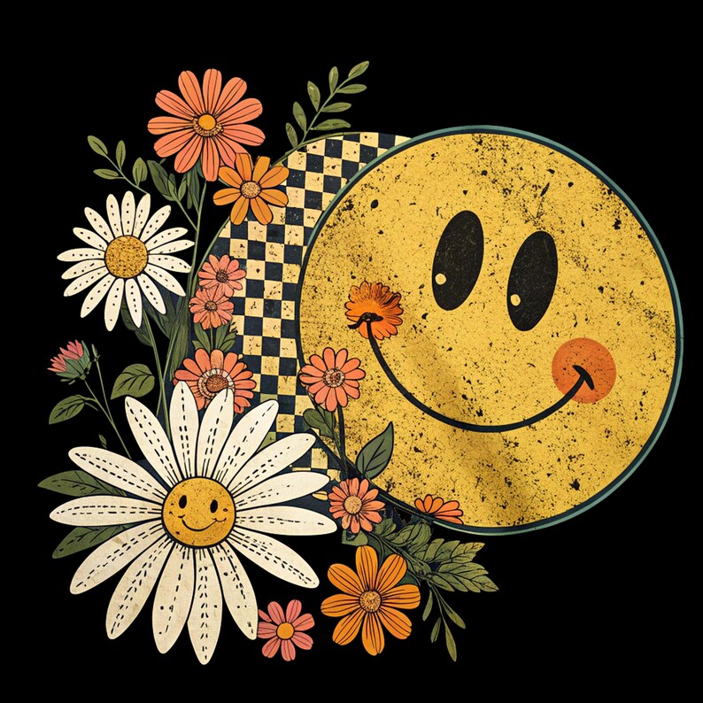 Retro Smiley Face Sublimation Design: Daisy & Checkered Print (digital ...