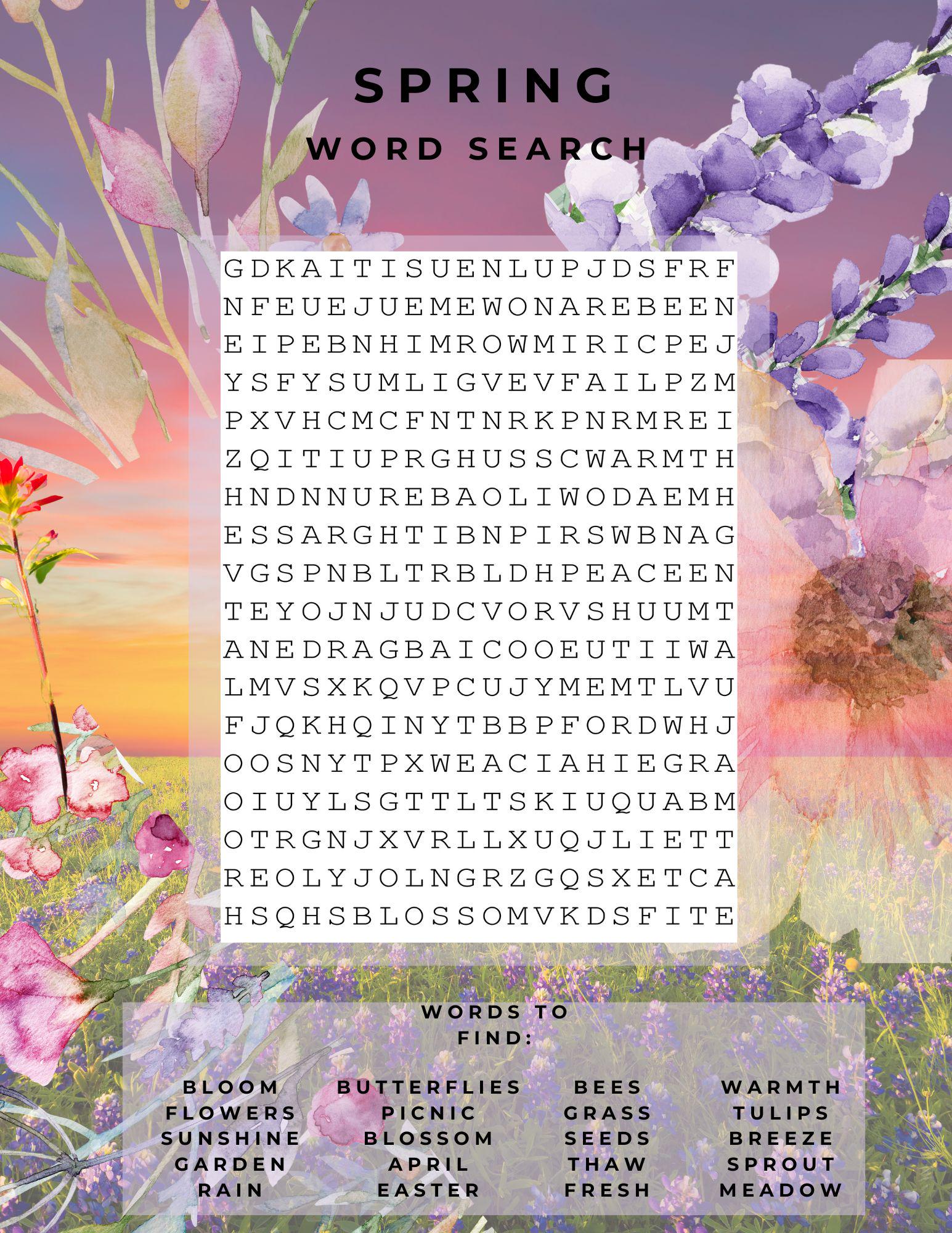 Spring Word Search | Beautiful Spring Background Word Search | Word ...