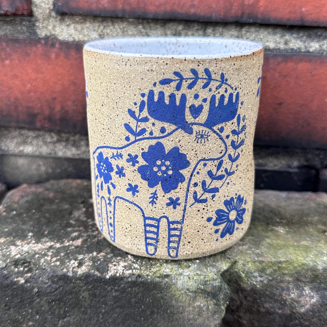 Scandinavian Moose Folk Art Thumb Cup 12 Oz Handmade Stoneware Artisan ...
