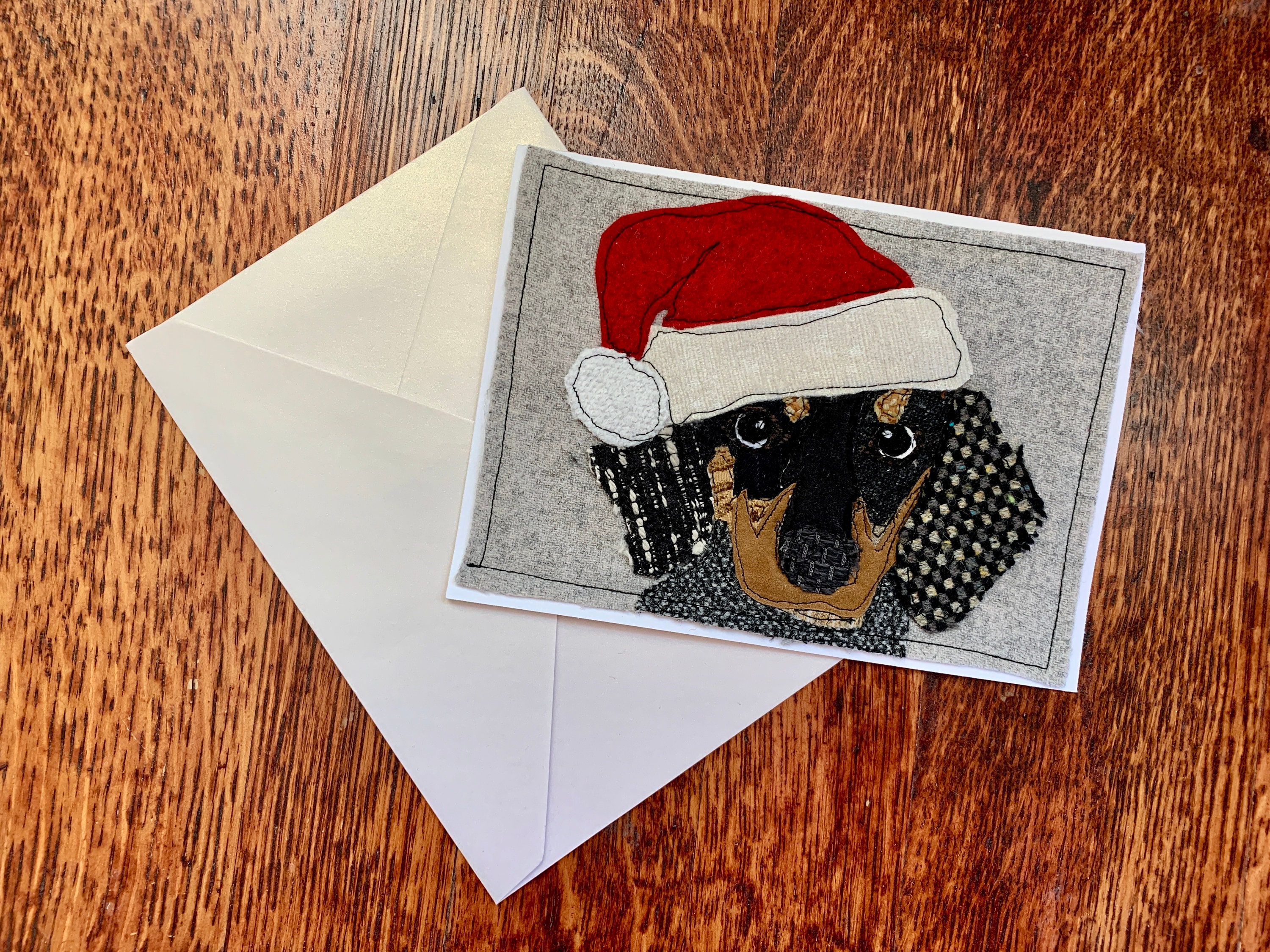 Christmas Card Dachshund Dog With Santa Hat Handmade Fabric | Etsy