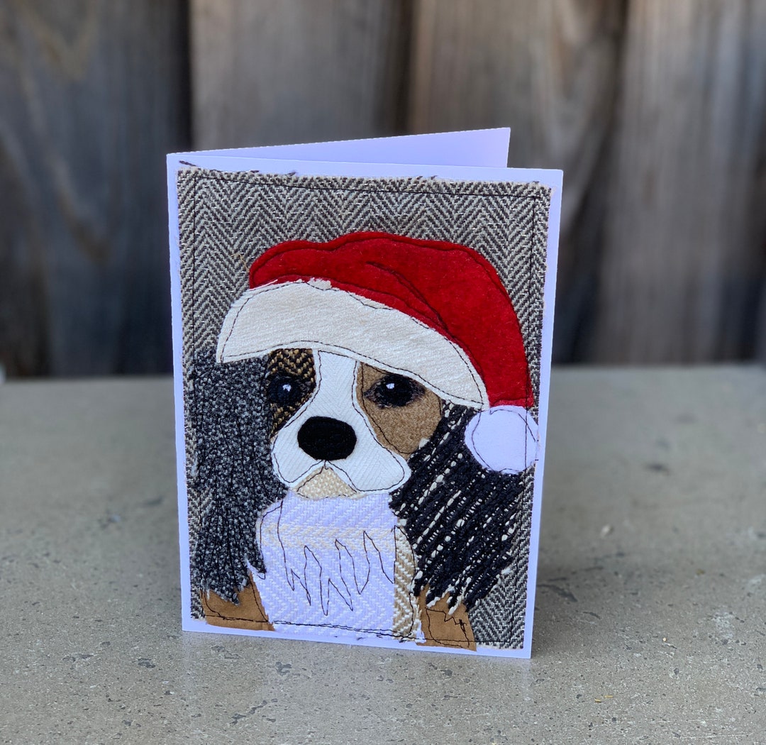 Christmas Card Spaniel Dog With Santa Hat Handmade Fabric Blank ...