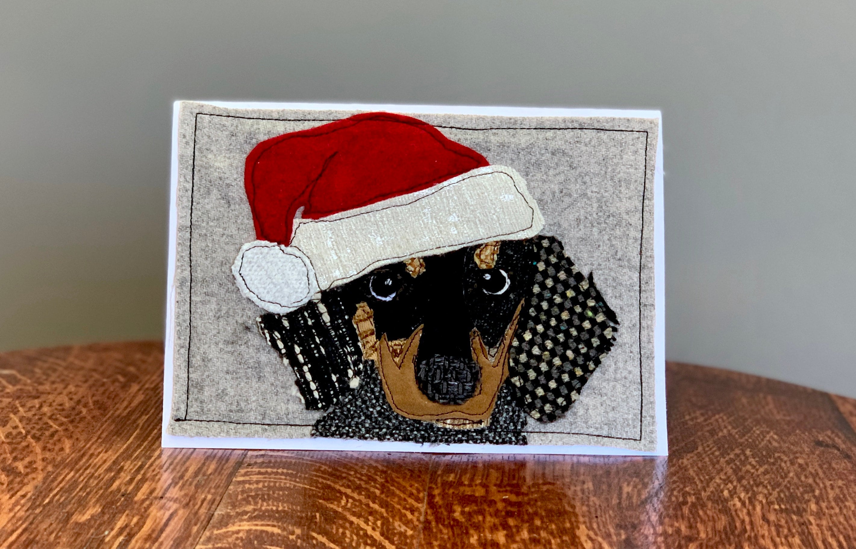 Christmas Card Dachshund Dog With Santa Hat Handmade Fabric | Etsy