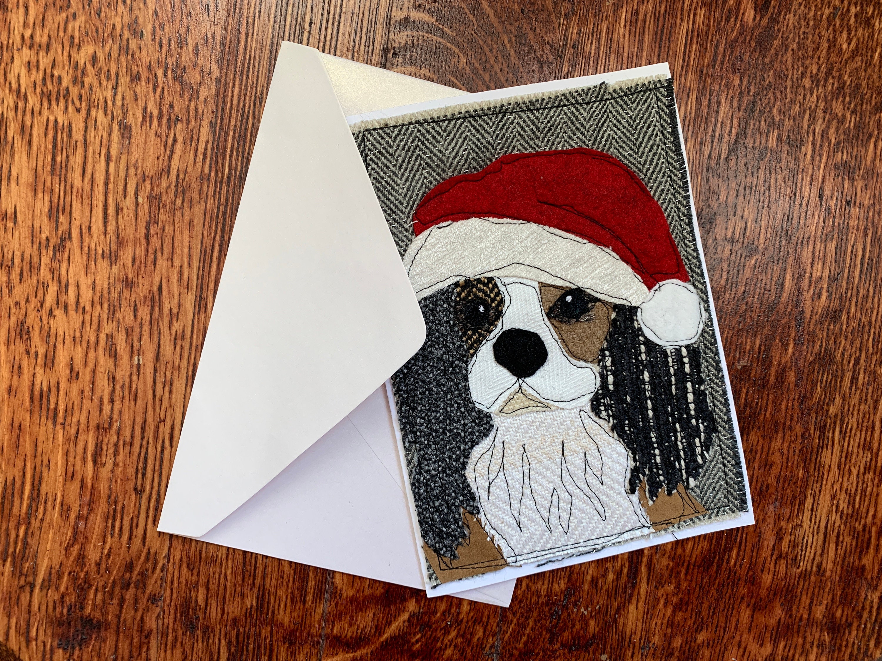 Christmas Card Spaniel Dog with Santa Hat Handmade Fabric | Etsy