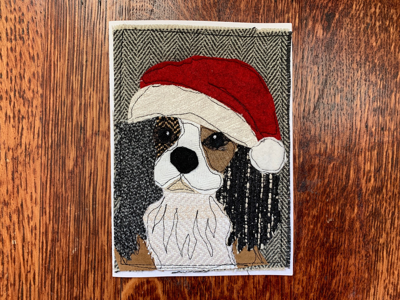 Christmas Card Spaniel Dog With Santa Hat Handmade Fabric | Etsy