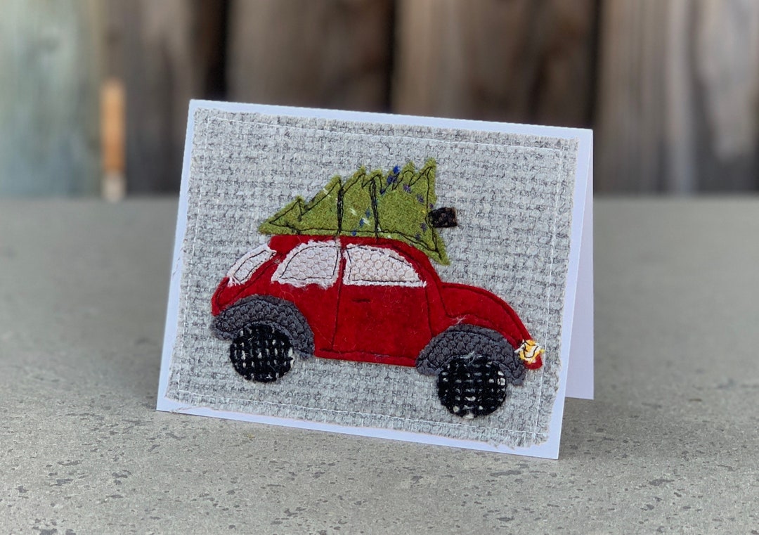 Christmas Card Red Car With Christmas Tree Handmade Fabric Blank ...