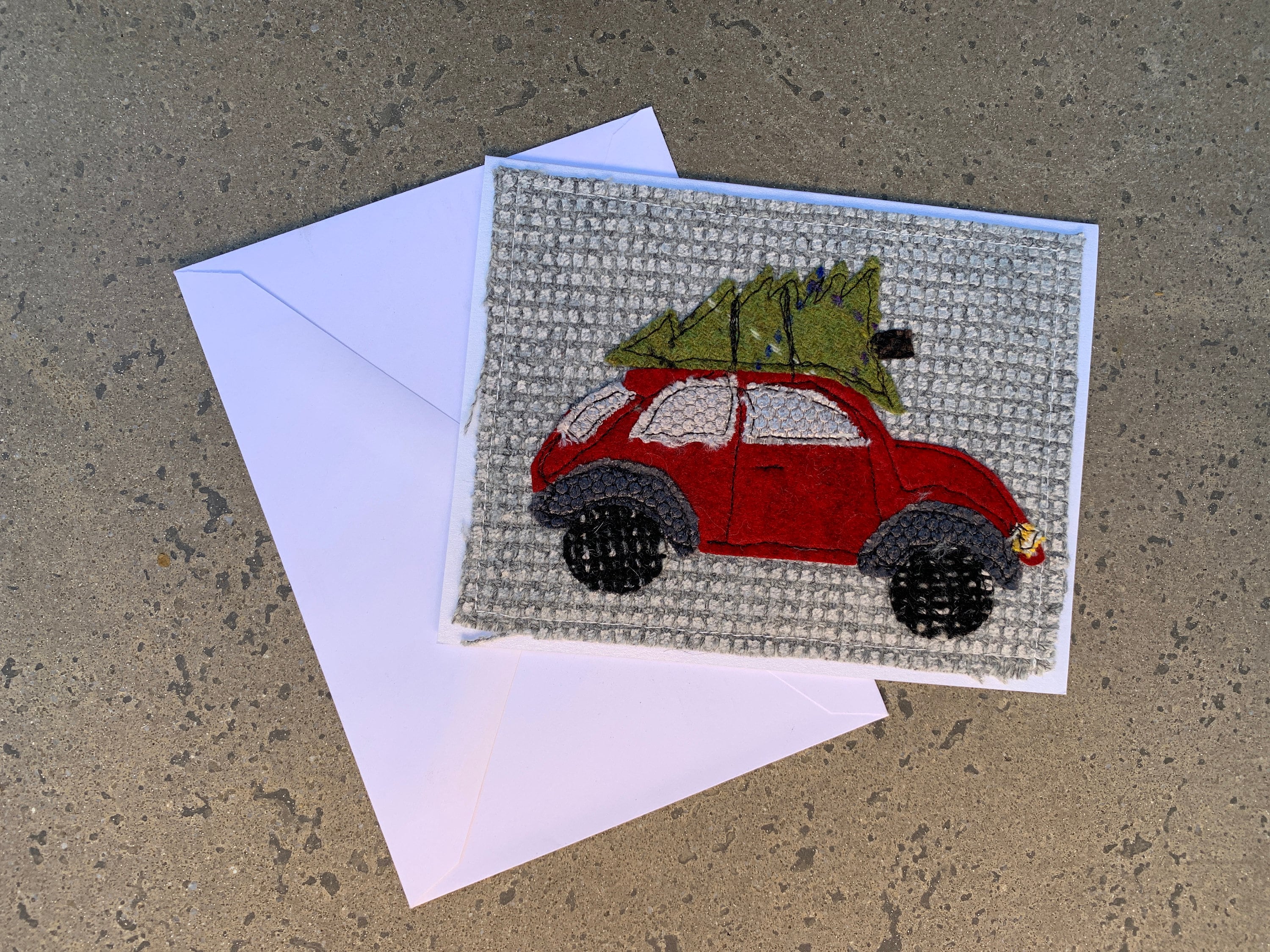 Christmas Card Red Car With Christmas Tree Handmade Fabric Blank ...