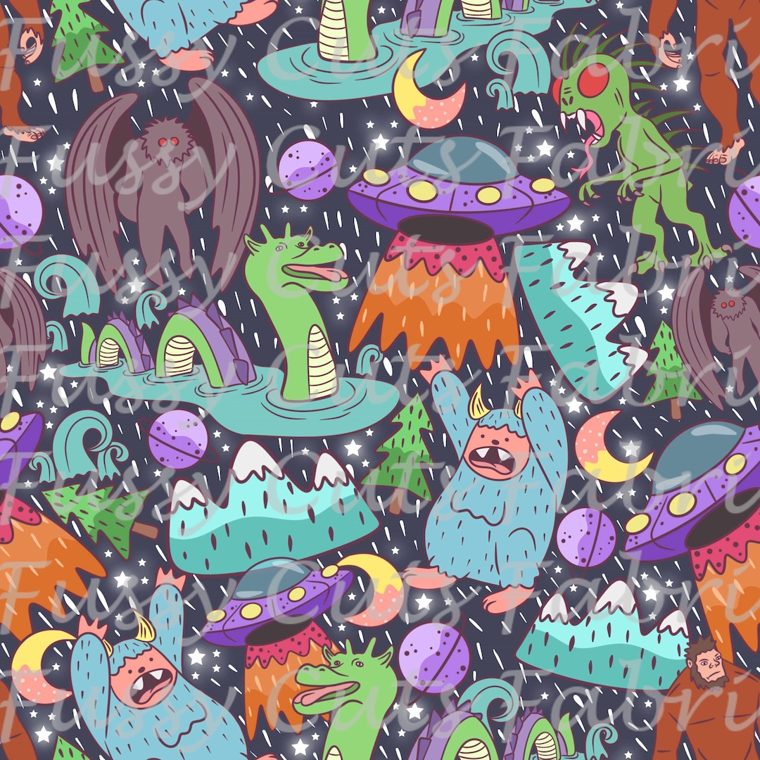 Cute Cryptids on Navy Fabric cryptozoology Fabric Bigfoot - Etsy
