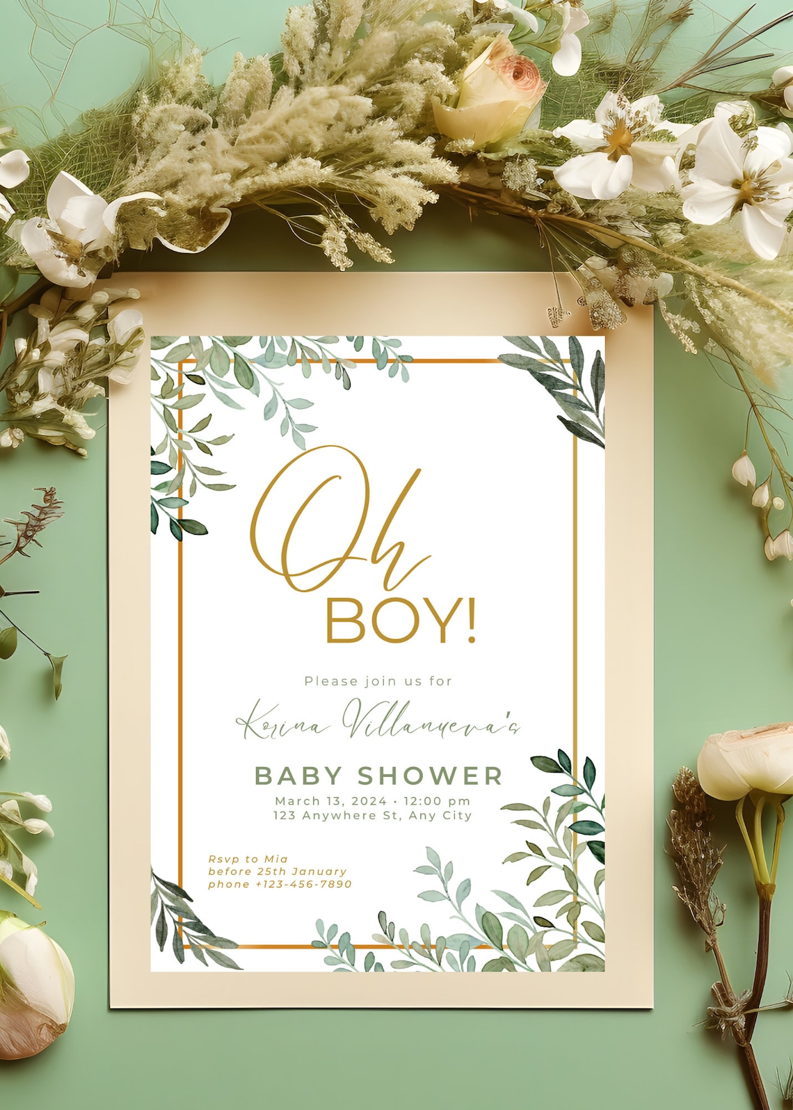 Gold and Green Baby Shower Invitation, Oh Boy Green Baby Shower ...