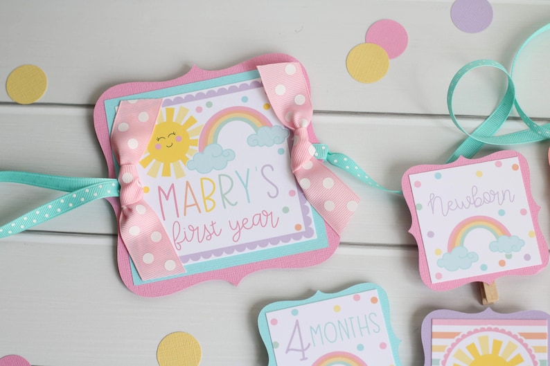 Rainbow Sunshine Birthday Photo Banner, Pastel Rainbow First Birthday ...