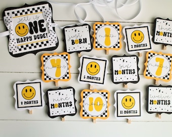 Smiley Face 1st Birthday Photo Banner Template one Happy Dude - Etsy