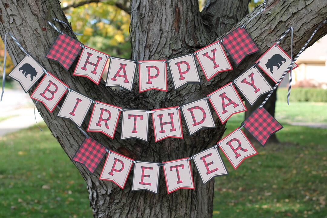 Lumberjack Buffalo Plaid Birthday Banner, Bear Deer Birthday ...