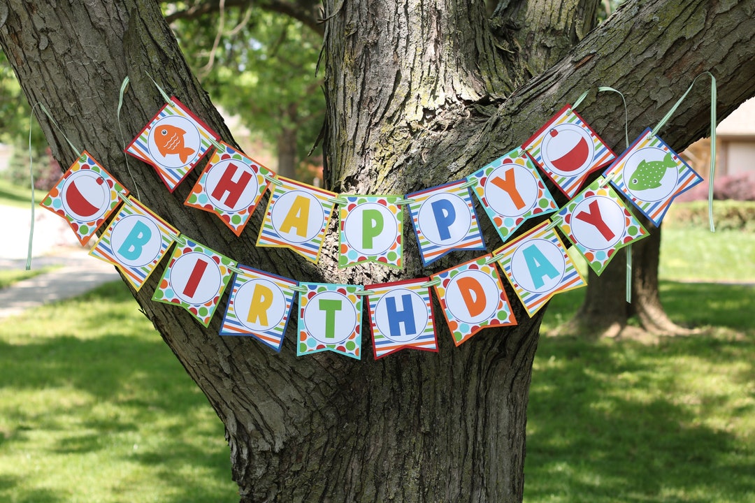 Fishing Birthday Banner - Bright Colors Fishing Birthday Decorations ...