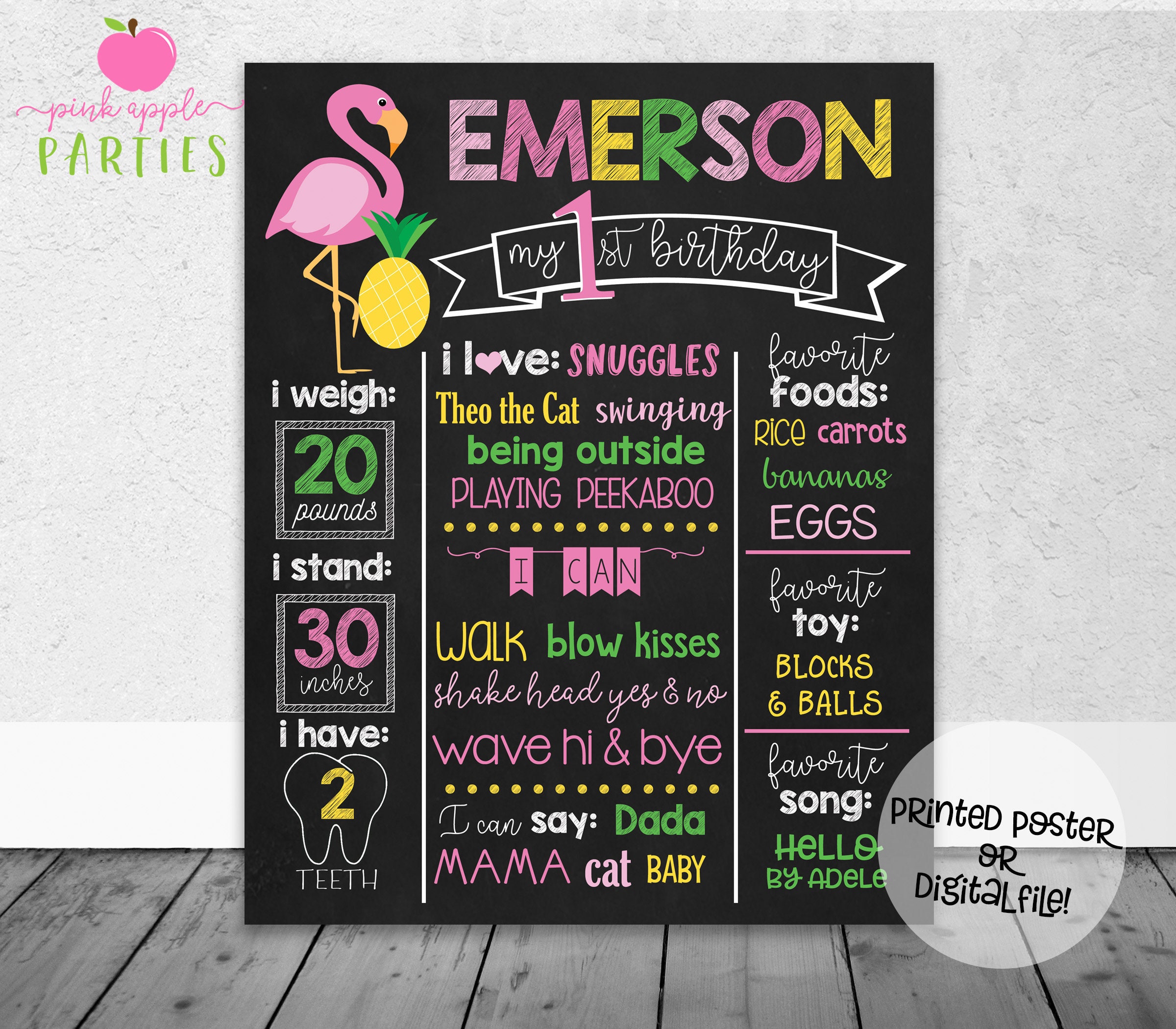 Flamingo Pineapple Birthday Chalkboard, First Year Stats Milestones ...