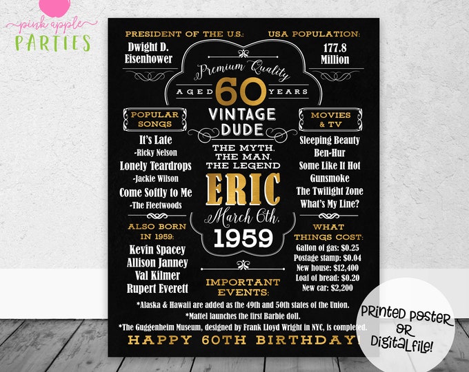 60th Birthday Poster 60 Years Ago Birthday Sign Born in 1959 Birthday ...