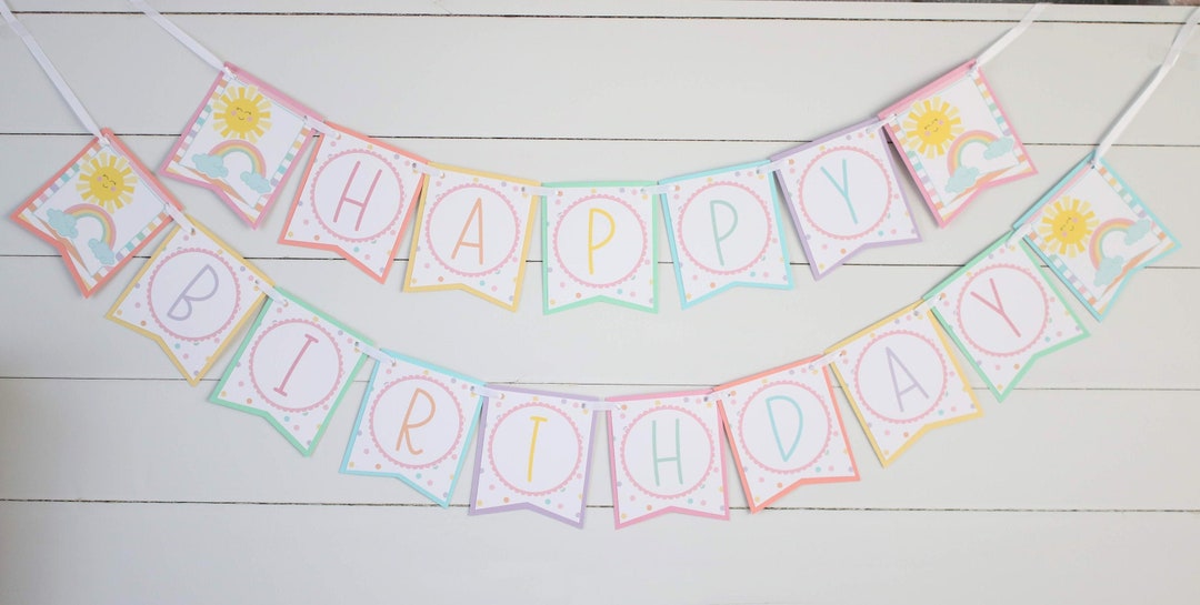 Rainbow Sunshine Birthday Banner, Pastel Rainbow Happy Birthday Banner ...